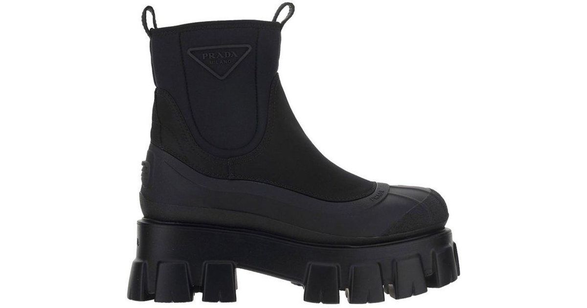 Prada Fabric And Re-Nylon Monolith Ankle Boots in Black | Lyst