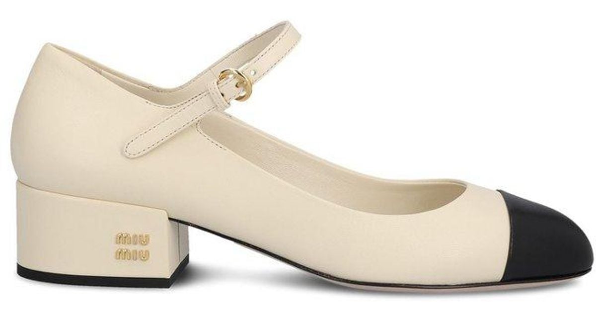 Miu Miu Logo Leather Mary Jane Pumps in Natural | Lyst Australia