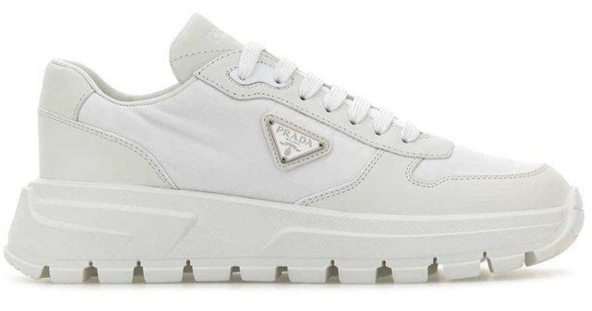 Prada Triangle-Logo Round-Toe Lace-Up Sneakers in White | Lyst