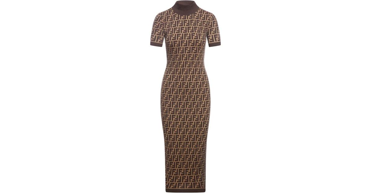Fendi Ff Motif Knitted Midi Dress in Natural | Lyst UK