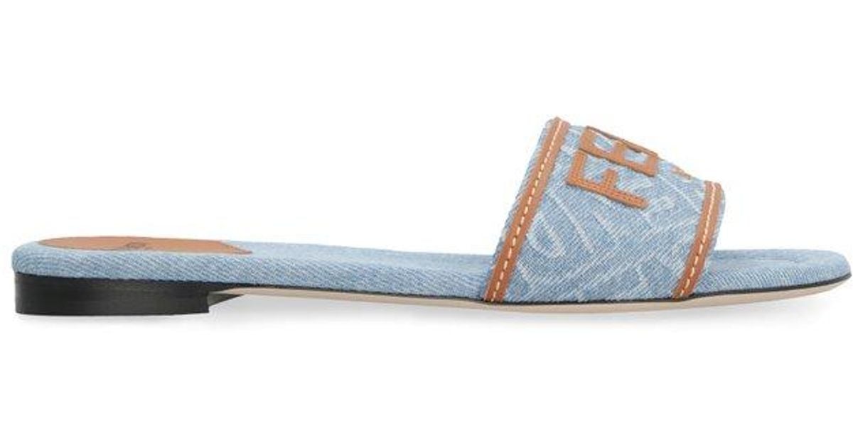 Fendi Denim Logo Slide Sandals in Blue | Lyst