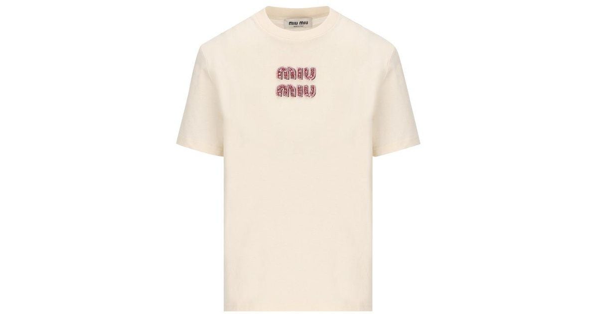 Miu Miu Logo-embellished Crewneck T-shirt in White | Lyst Miu Miu Logo-embellished Crewneck T-shirt in White | Lyst