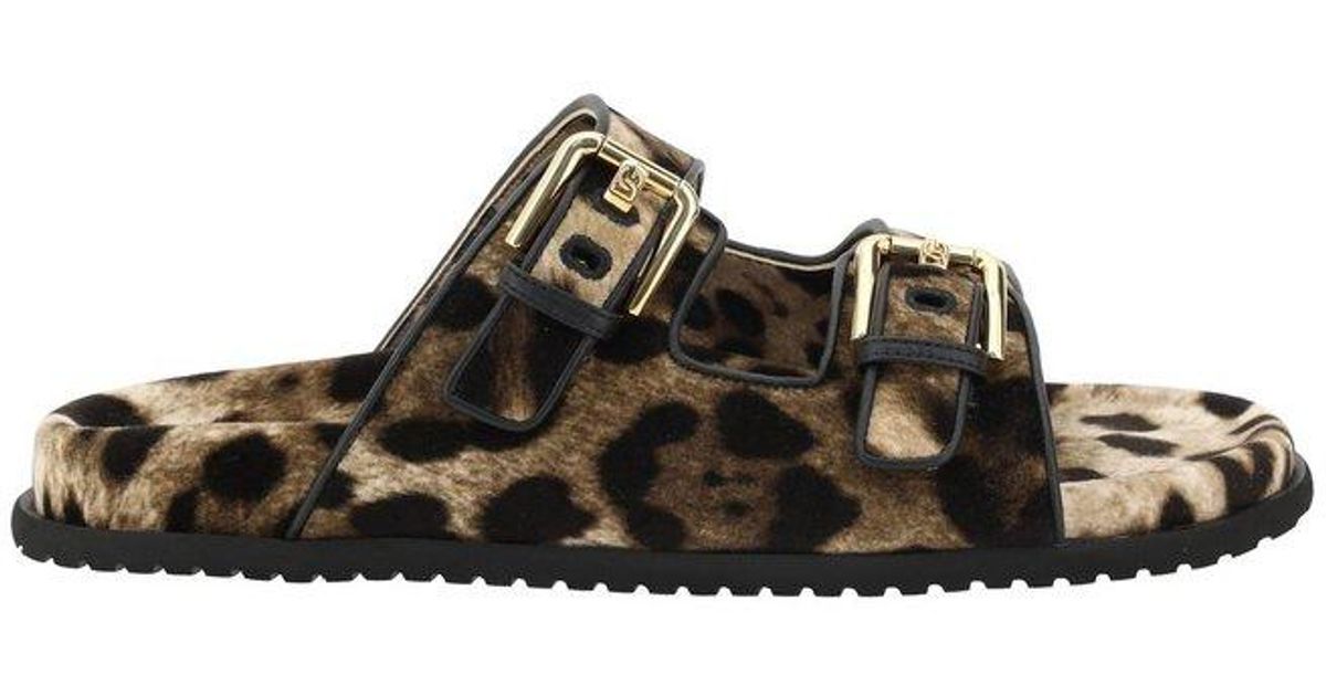 Dolce & Gabbana Leopard Printed Velvet Sliders in Black | Lyst