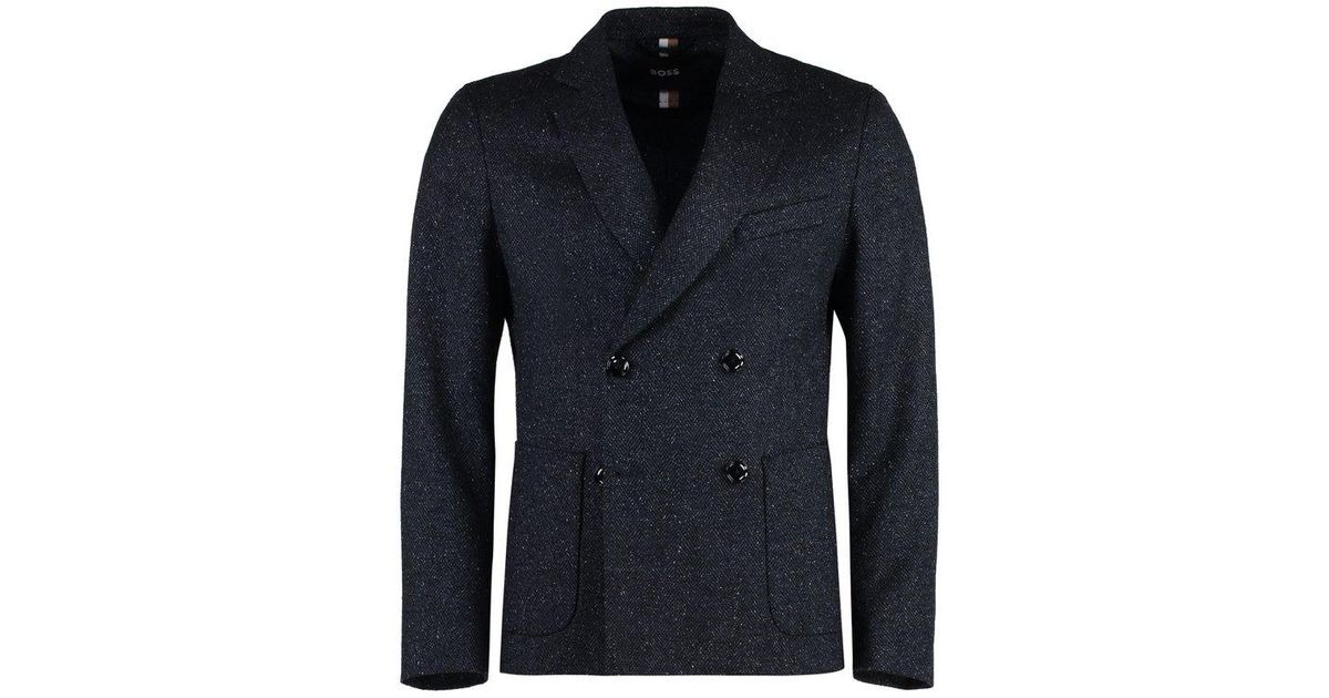 BOSS Double Breasted Herringbone Pattern Jacket in Blue for Men | Lyst
