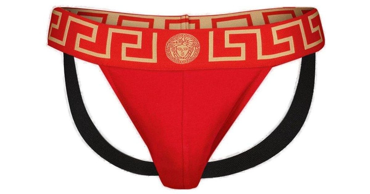 Versace Greca Border Stretched Jockstrap in Red for Men | Lyst