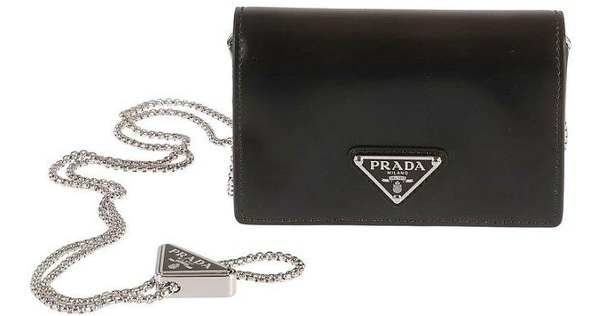Prada Logo-Plaque Chain-Linked Mini Crossbody Bag in Black | Lyst