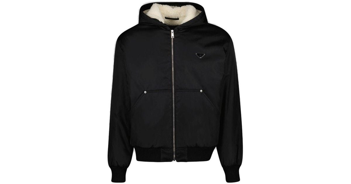 Prada Re-Nylon Triangle-Logo Zipped Hooded Jacket in Black for Men | Lyst