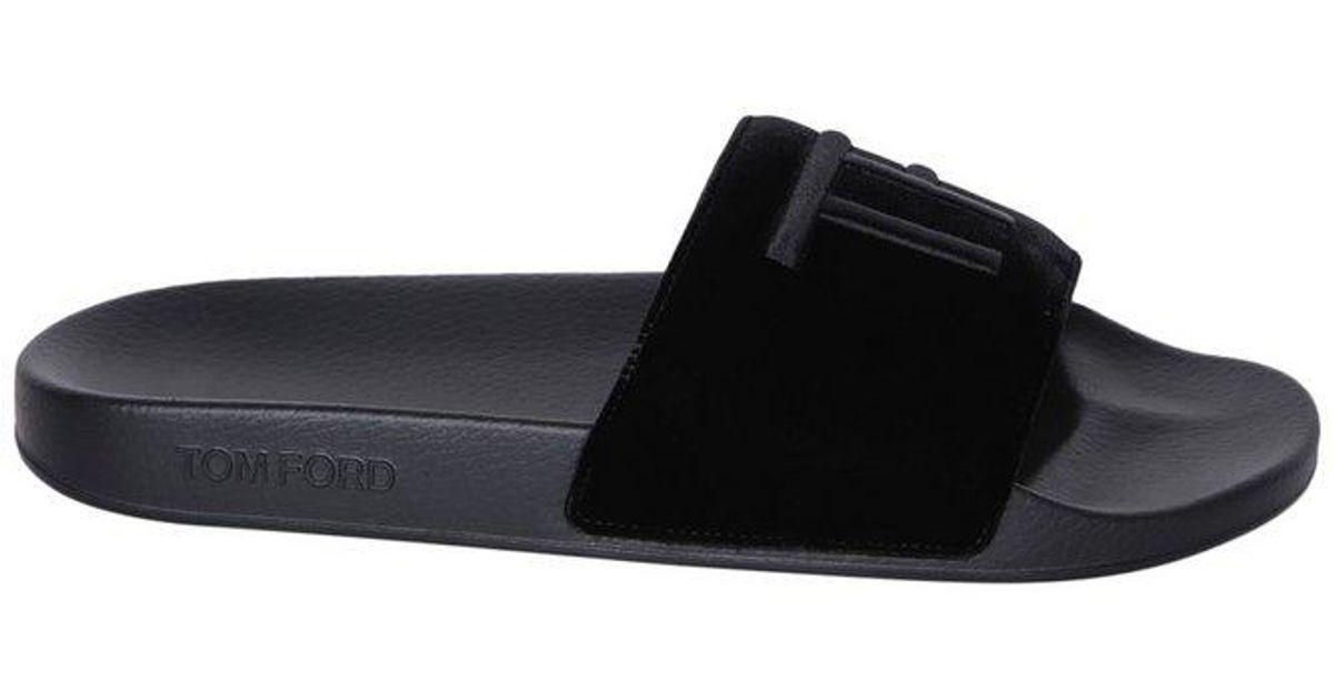 Tom Ford Logo Embroidered Open-toe Velvet Slides in Black for Men | Lyst