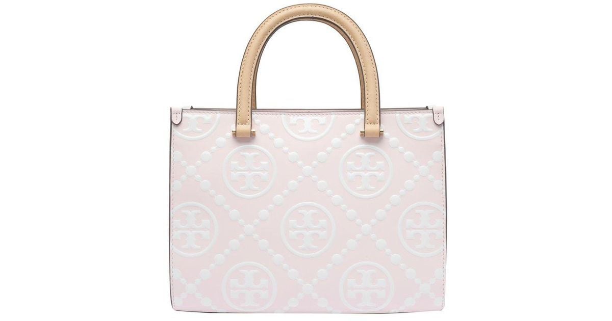 Tory Burch T Monogram Top-Handle Embossed Tote Bag in Pink | Lyst