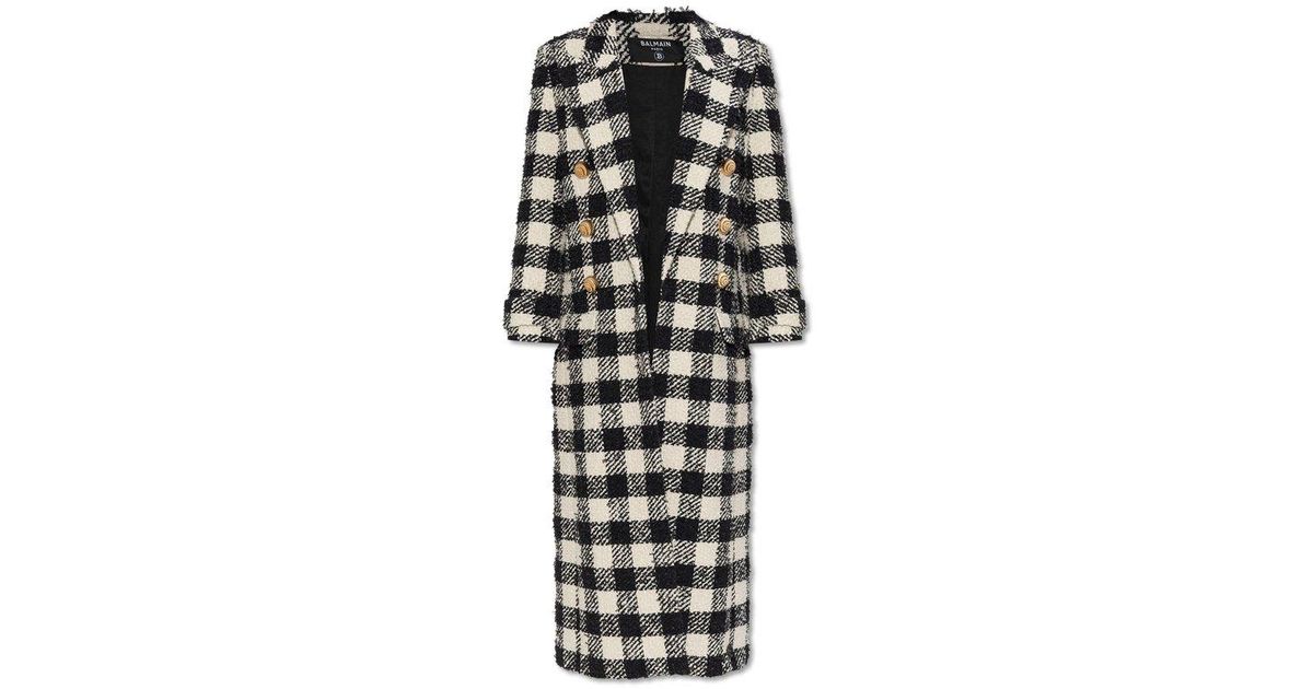 Balmain Tweed Coat With Check Pattern in Black | Lyst