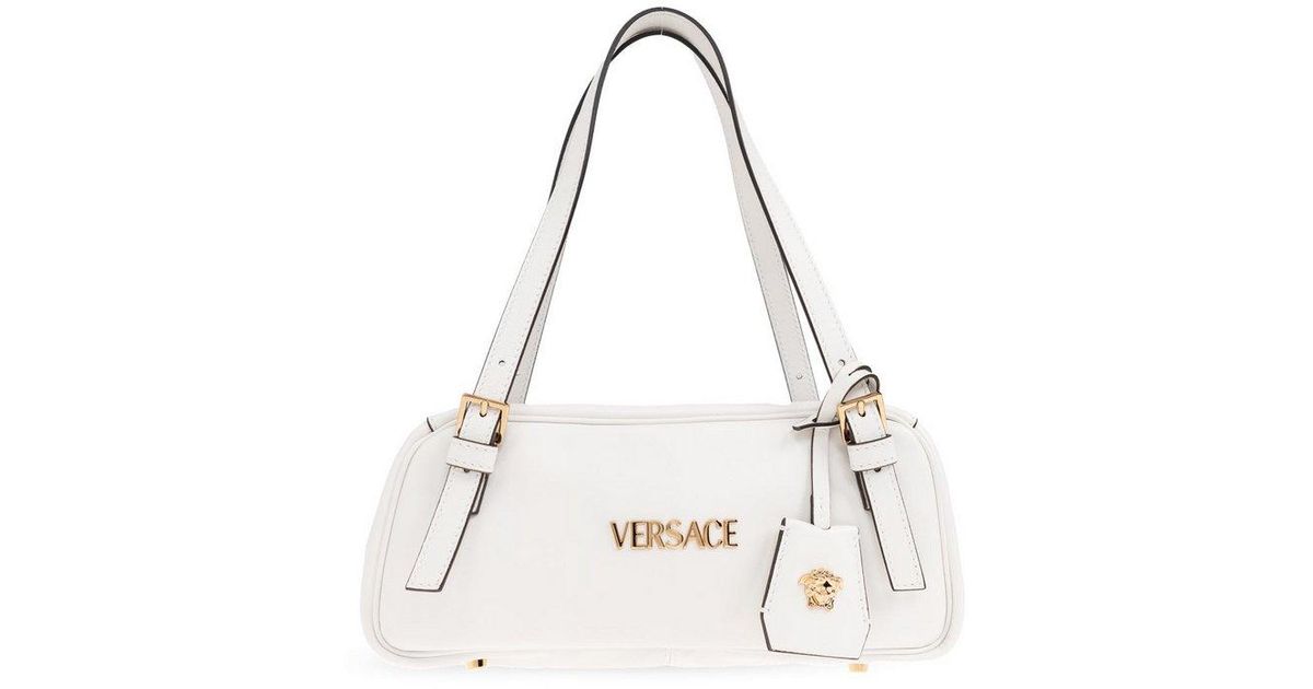 Versace Logo-Lettering Zipped Shoulder Bag in Natural | Lyst