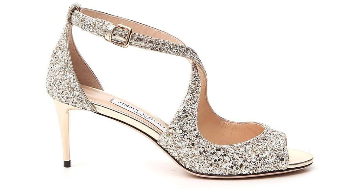 Jimmy Choo Emily 85 Champagne Glitter Heeled Sandals in Metallic | Lyst ...