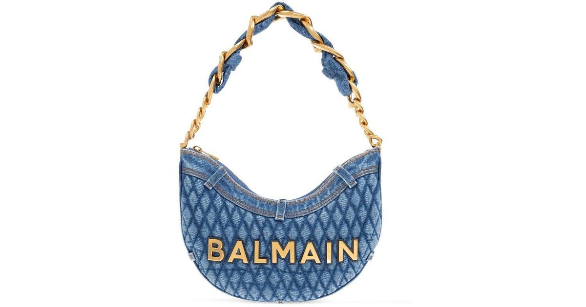 Balmain 1945 Soft Moon Logo Plaque Denim Shoulder Bag in Blue | Lyst