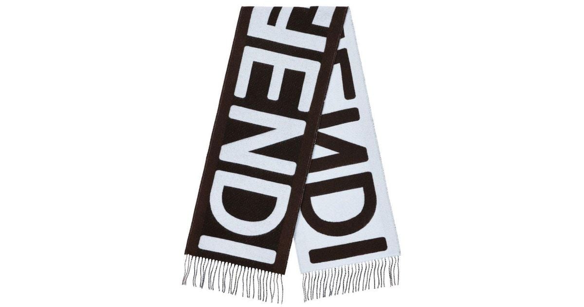 Fendi Mirror Logo Jacquard Fringed Scarf in White | Lyst
