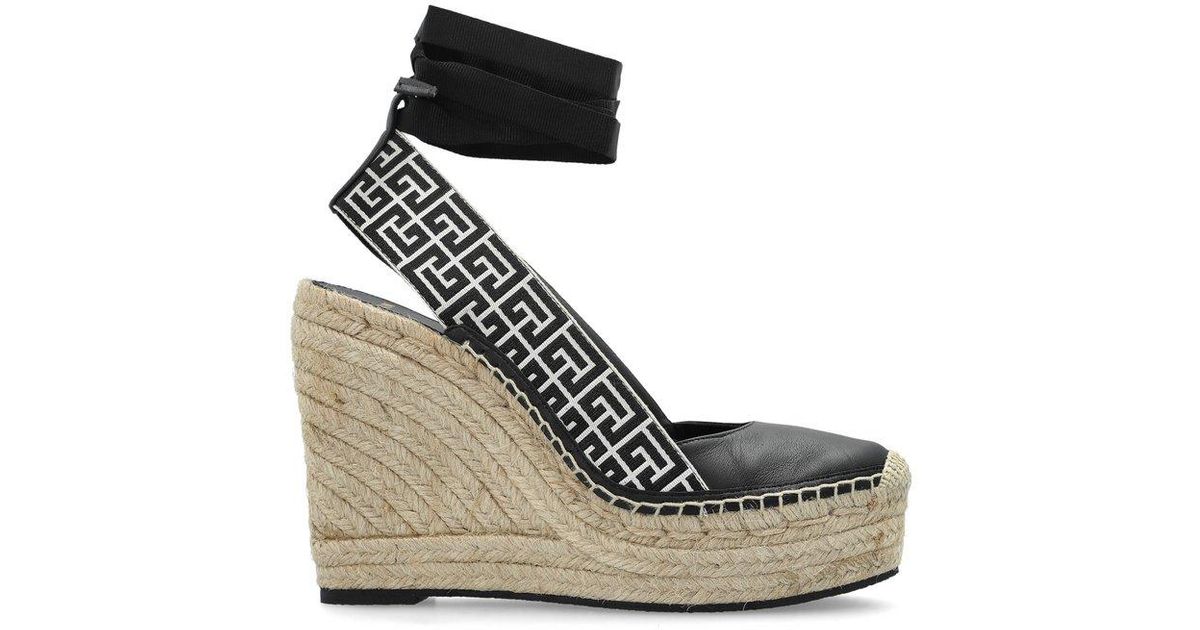 Balmain Alex Monogram Jacquard Wedged Sandals in Black | Lyst