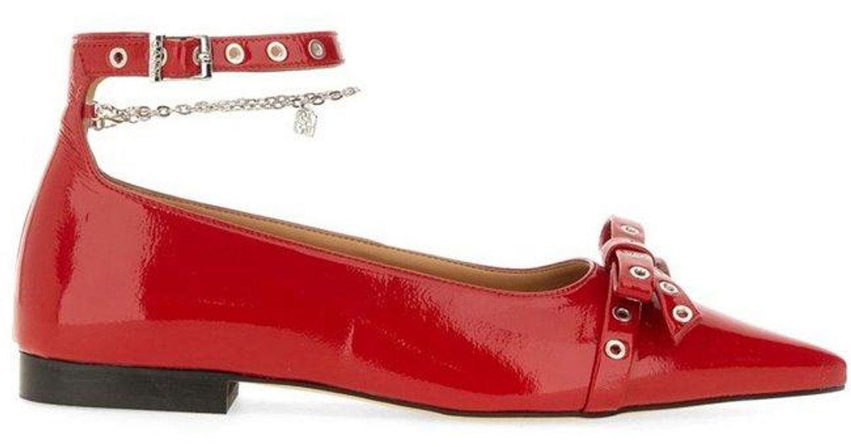 Ganni Bow-Detail Ankle Strapped Ballet Flats in Red | Lyst