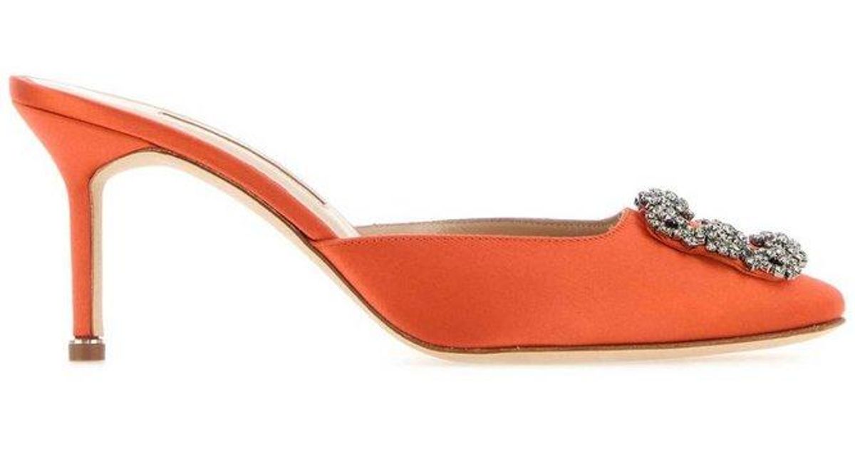 Manolo Blahnik Hangisi Embellished Buckle Satin Mules in Red | Lyst