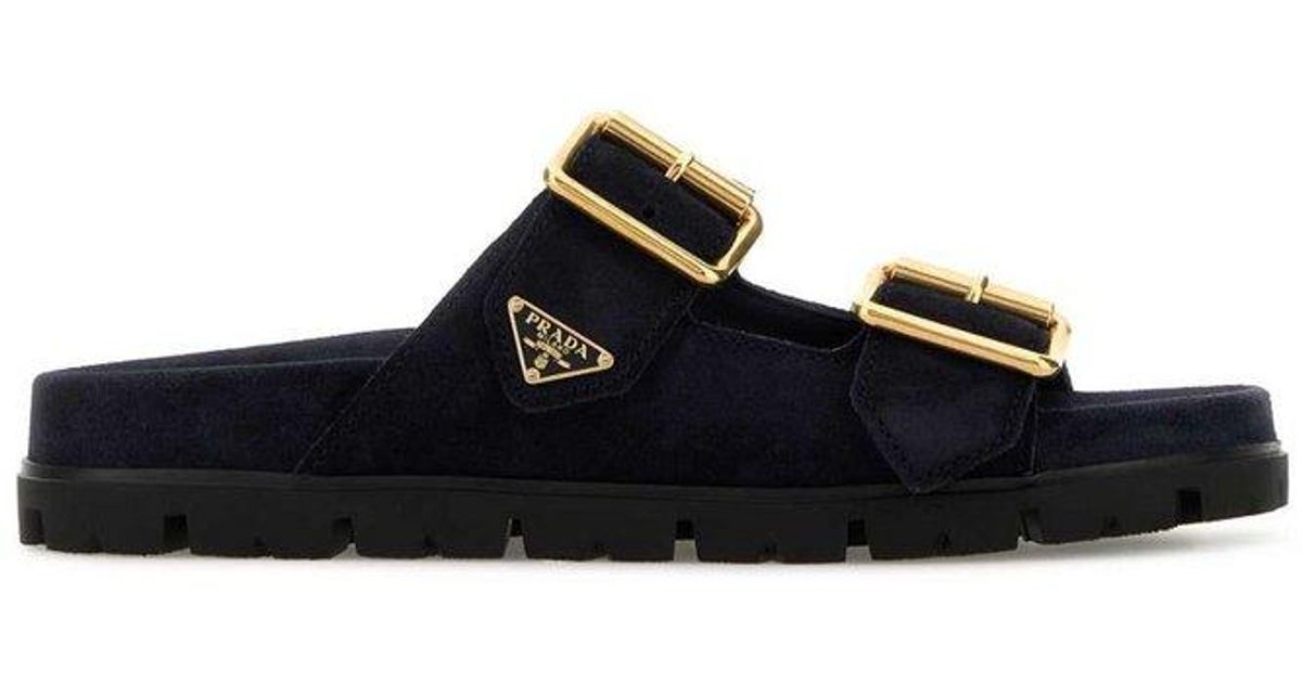 Prada Triangle-Logo Open-Toe Slides in Black | Lyst