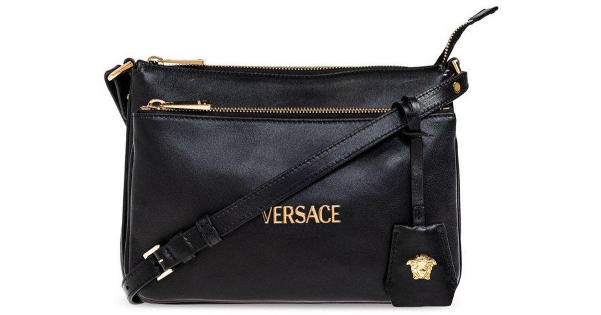 Versace Logo-Lettering Zipped Shoulder Bag in Black | Lyst