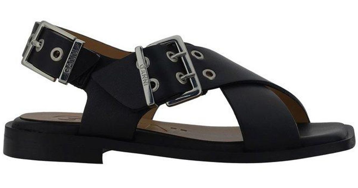 Ganni Square Toe Crossover-Strap Bucked Sandals in Black | Lyst
