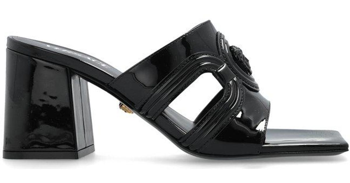 Versace Square-Toe Heeled Sandals in Black | Lyst