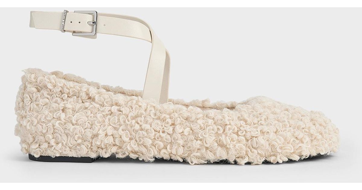Charles & Keith Margot Furry Crossover-strap Ballet Flats in Natural | Lyst