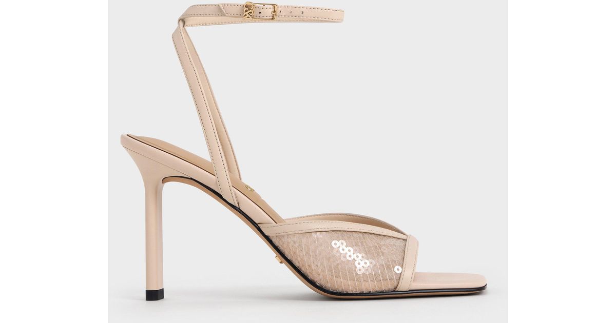 Charles & Keith Sequin Mesh & Leather Ankle-Strap Heeled Sandals in ...