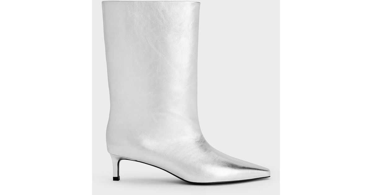 Charles & Keith Metallic Tapered Kitten-Heel Calf Boots in White | Lyst