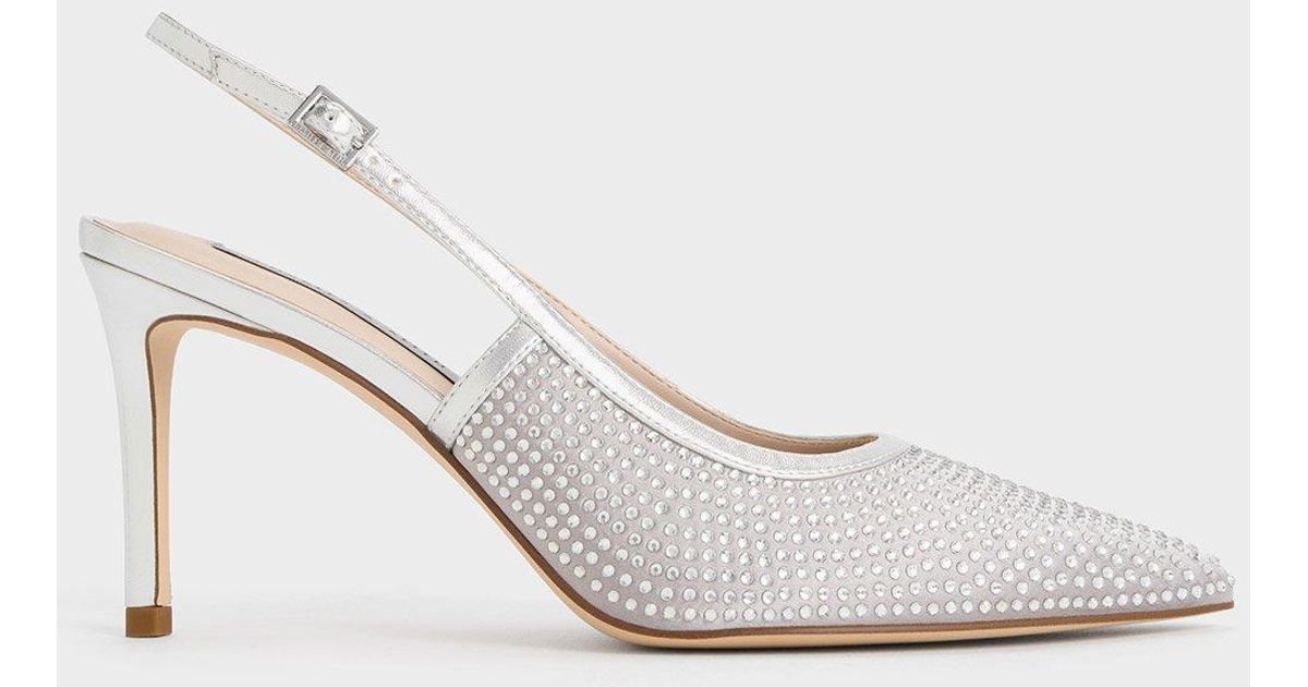 Charles & Keith Satin Crystal-embellished Slingback Pumps in White | Lyst