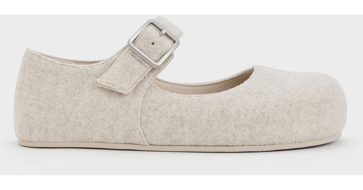 Charles & Keith Felt Buckled Mary Jane Flats in Natural | Lyst UK