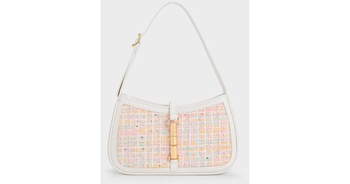 Charles & Keith Cesia Metallic Accent Tweed Shoulder Bag in White | Lyst
