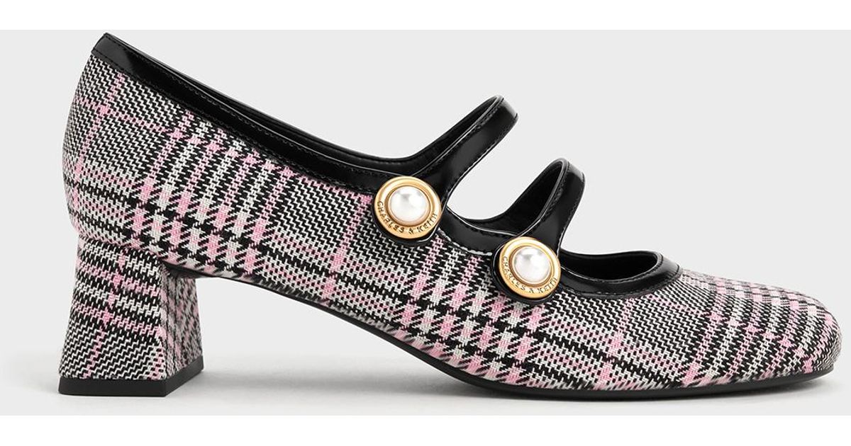 Charles & Keith Plaid Pearl-buckle Mary Jane Pumps in Gray | Lyst