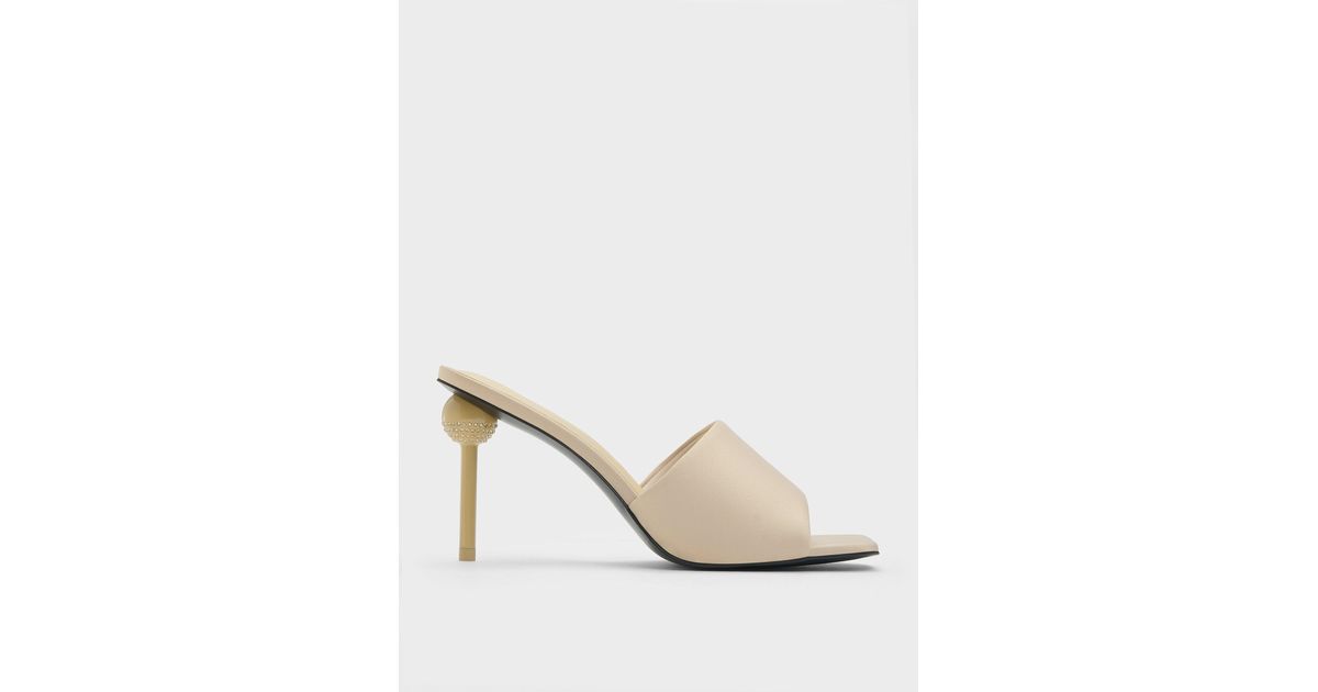 Charles & Keith Satin Crystal-Embellished Ball-Heel Mules in Natural | Lyst