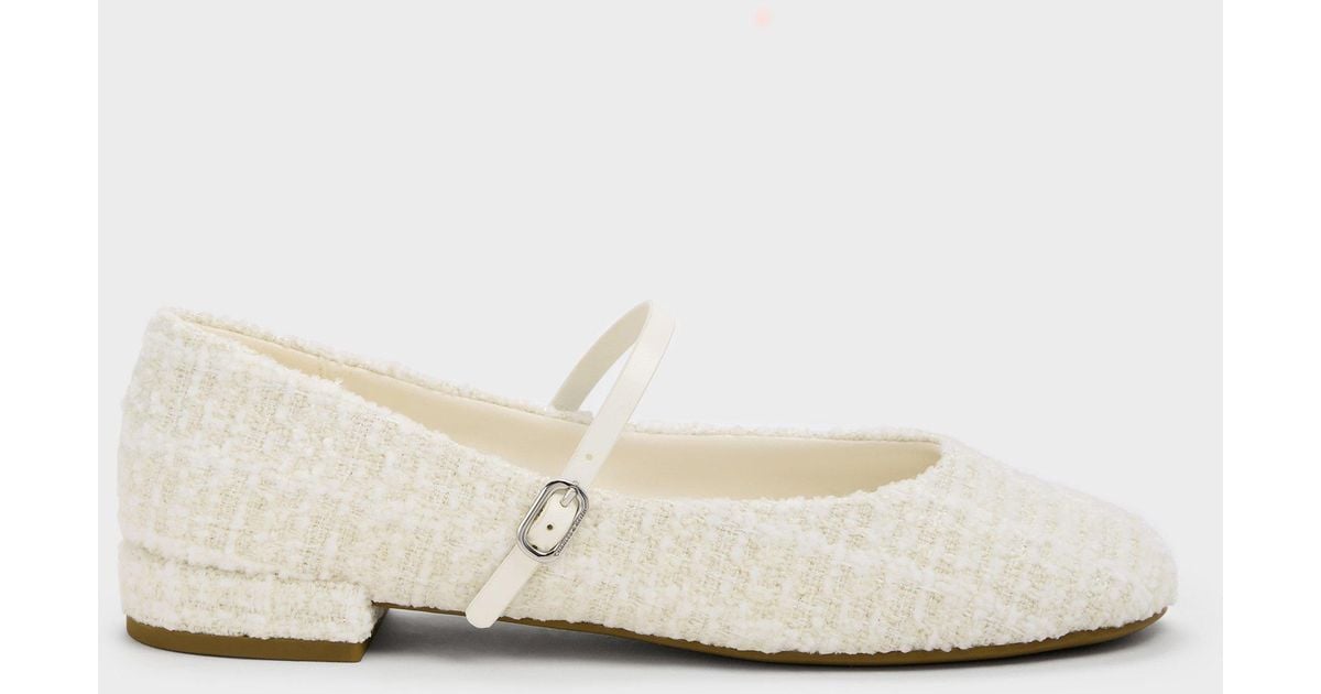 Charles & Keith Gertrude Tweed Round-Toe Mary Janes in White | Lyst UK