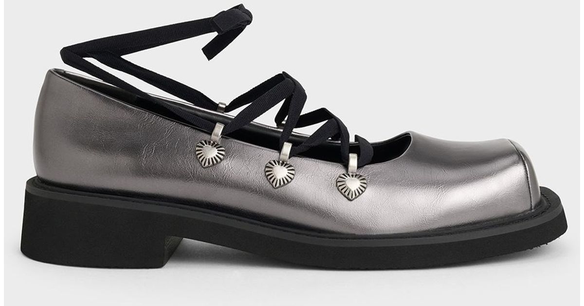 Charles & Keith Metallic Heart-Embellished Lace-Up Ballet Flats | Lyst