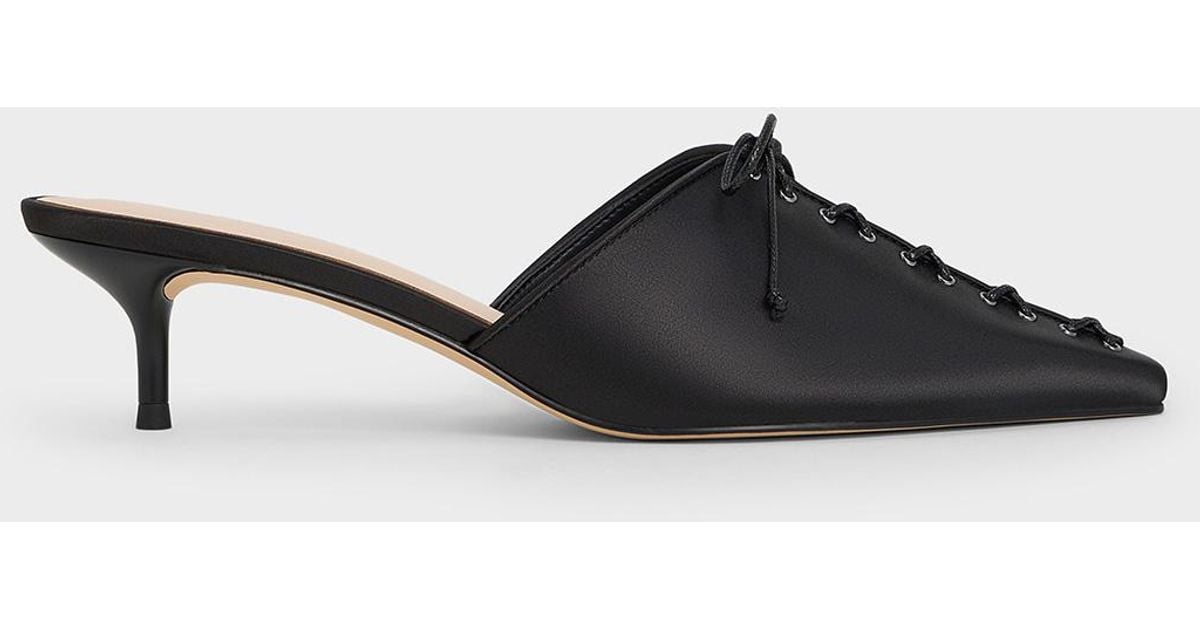 Charles & Keith Satin Lace-Up Pointed-Toe Kitten-Heel Mules | Lyst