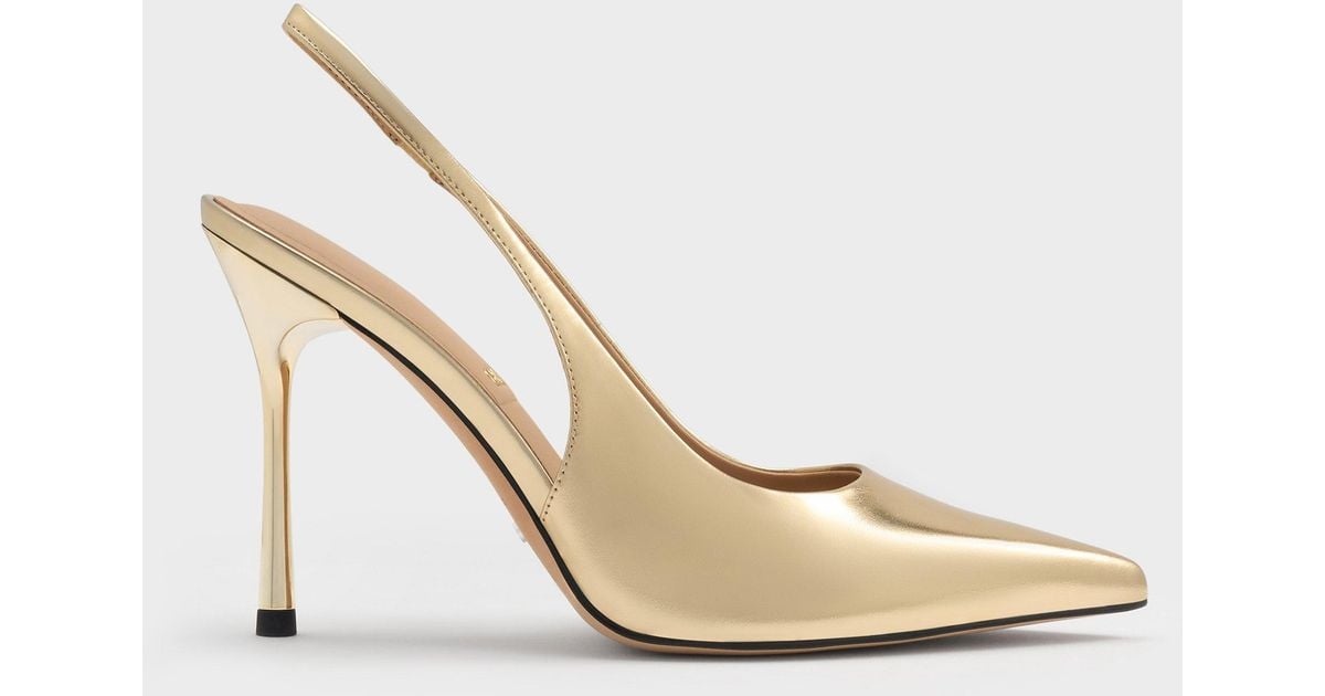 Charles & Keith Metallic Leather Slingback Stiletto Pumps in White ...