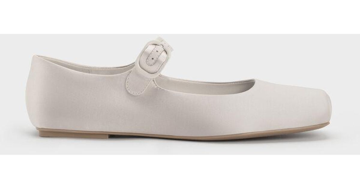 Charles & Keith Satin Buckled Square-Toe Mary Jane Flats in White | Lyst UK