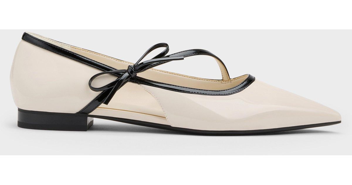 Charles & Keith Patent Contrast-trim Pointed-toe Bow-strap Flats in ...