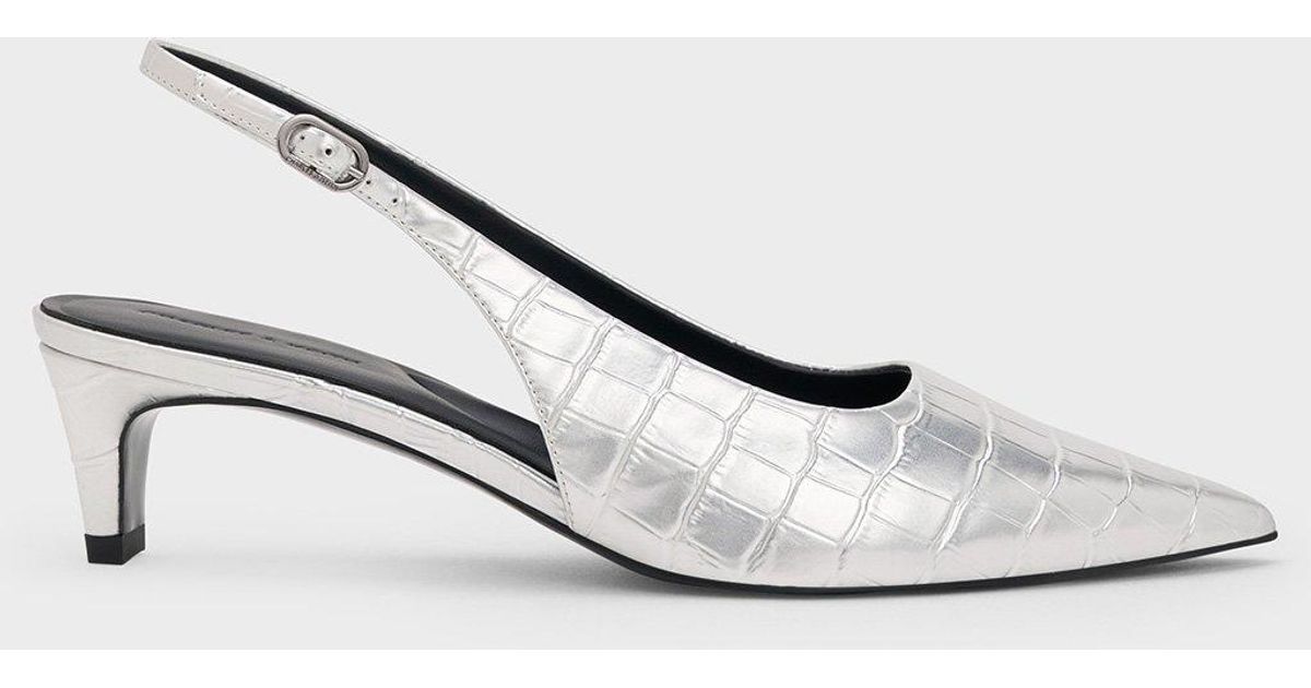 Charles & Keith Croc-Effect Pointed-Toe Kitten-Heel Slingback Pumps in White | Lyst