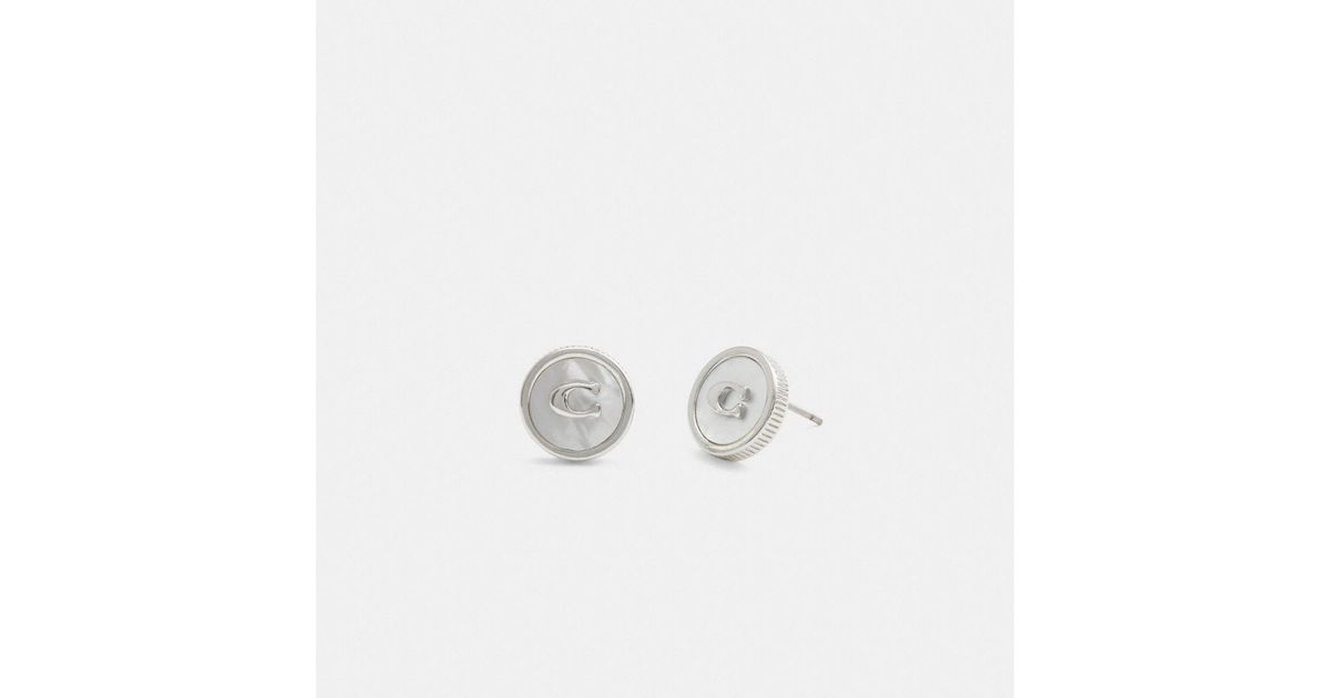 COACH Mother Of Pearl Signature Coin Stud Earrings in White | Lyst