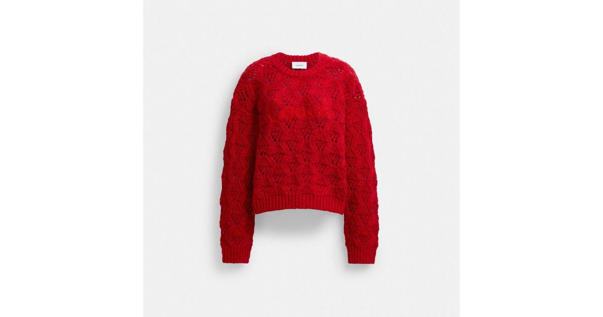 COACH Cable Knit Cursive Signature Cropped Sweater in Red | Lyst