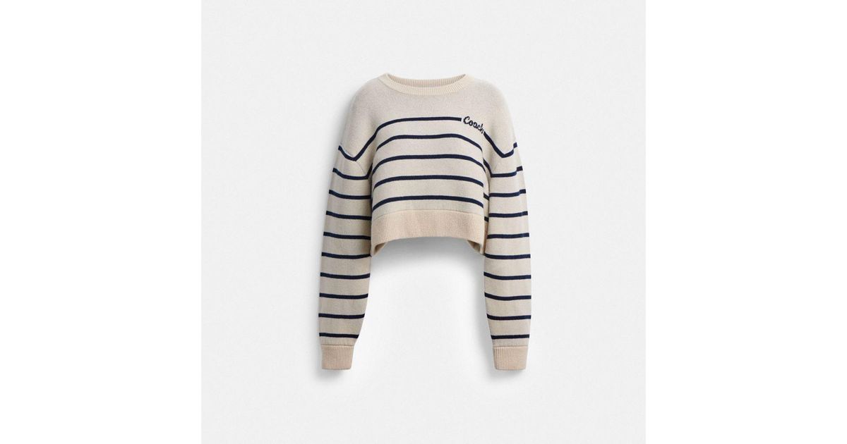 COACH Cursive Signature Striped Cropped Sweater in White | Lyst