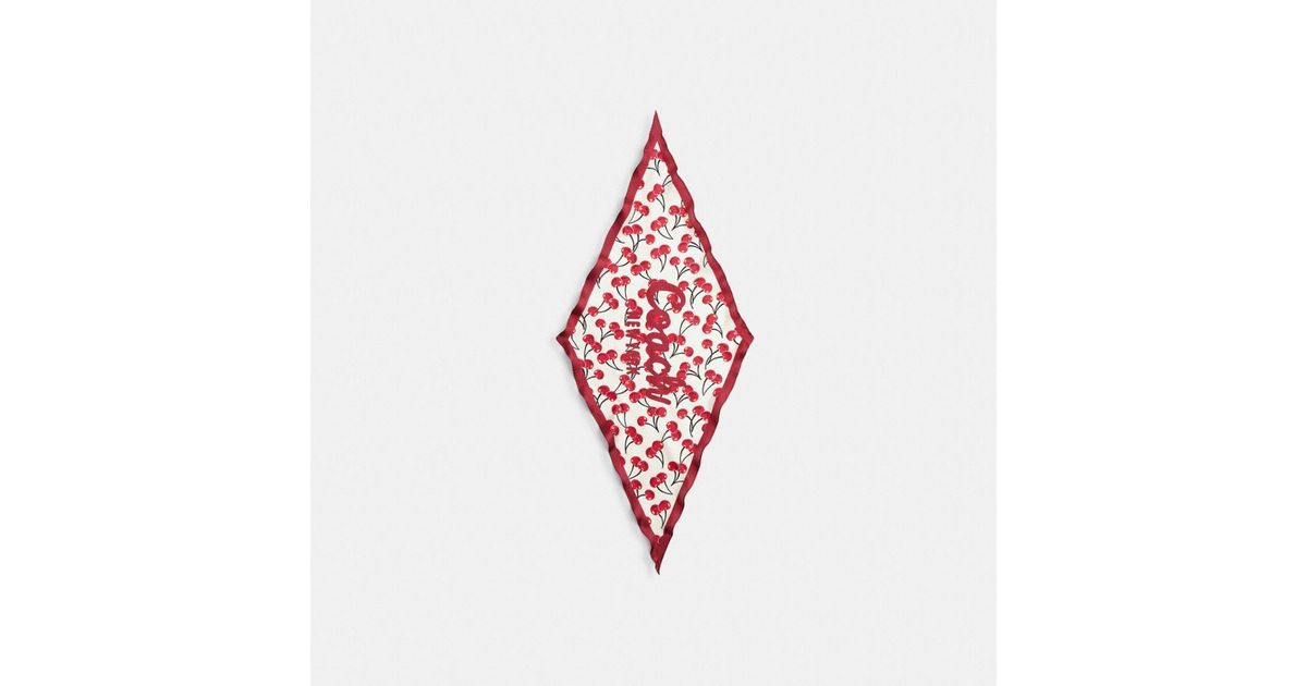 COACH Cursive Script Cherry Swirl Print Silk Diamond Scarf in Red | Lyst