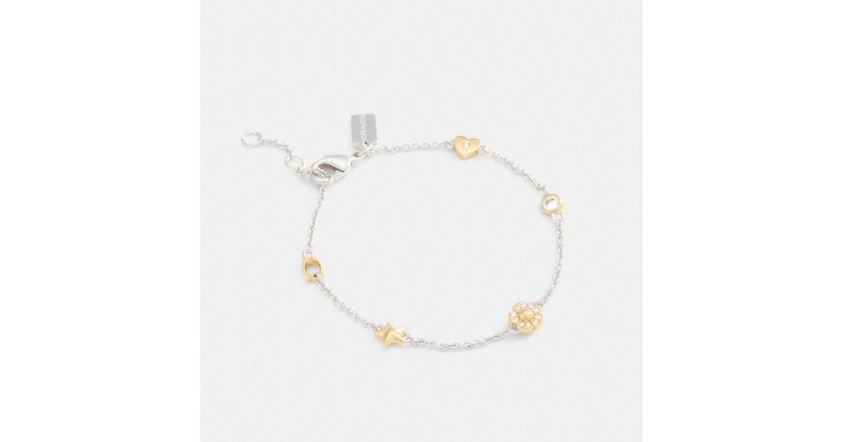 COACH Pavé Tea Rose And Heart Linear Bracelet in White | Lyst