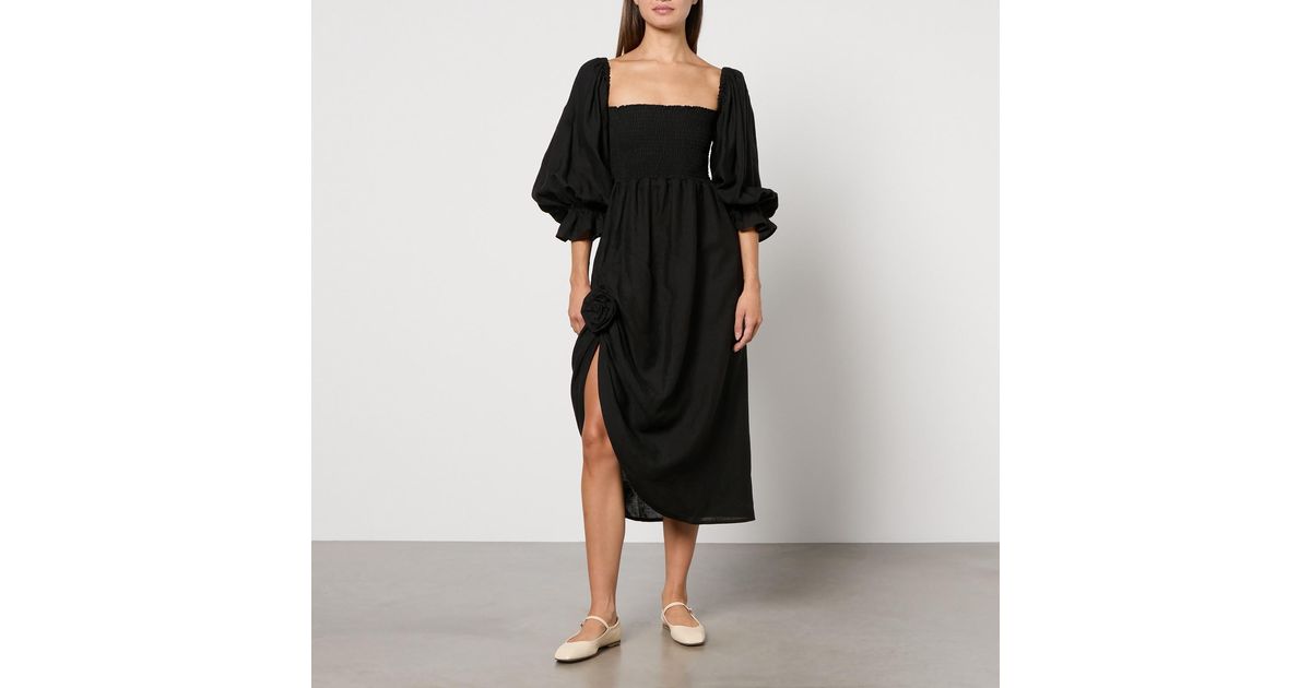 Sleeper Atlanta Rosette Linen Dress in Black | Lyst