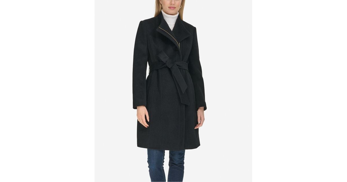 Cole Haan Moulded Collar Slick Wool Belted Coat in Black | Lyst