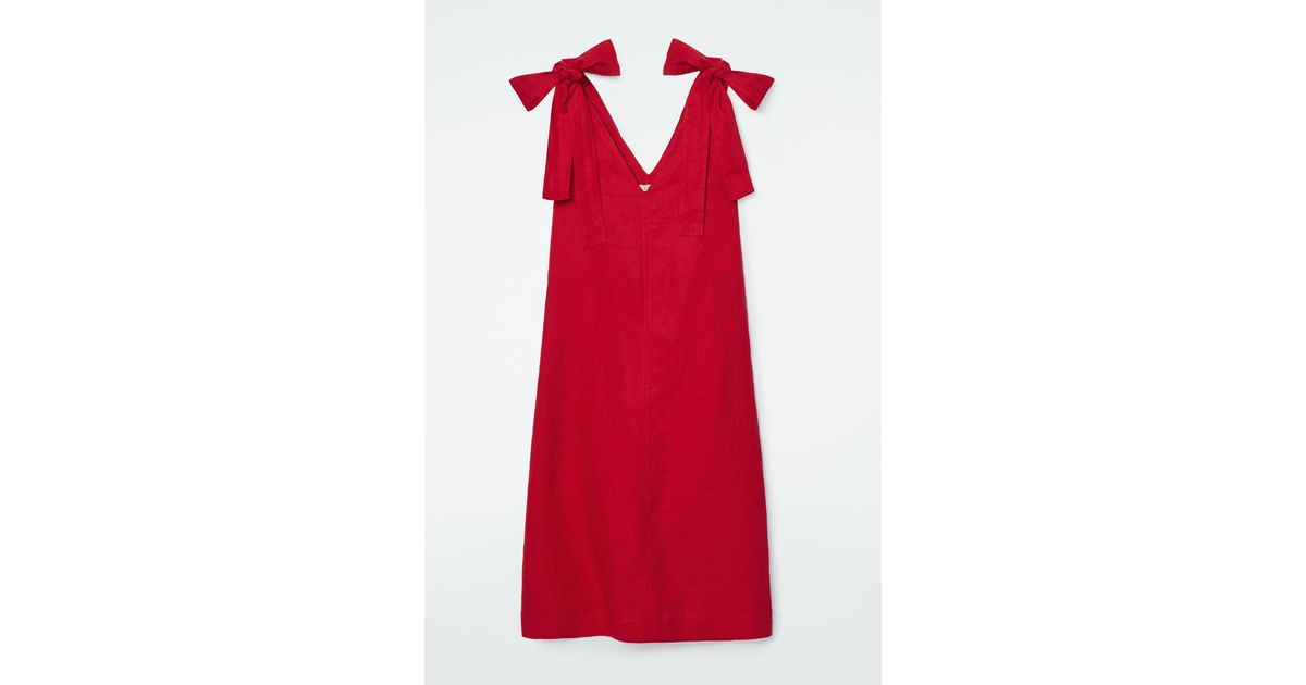COS Bow-detail Linen Midi Dress in Red | Lyst UK