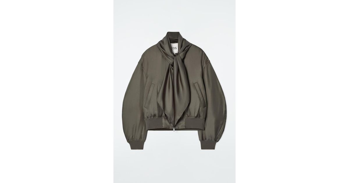 COS Scarf-Detail Padded Silk Bomber Jacket in Brown | Lyst