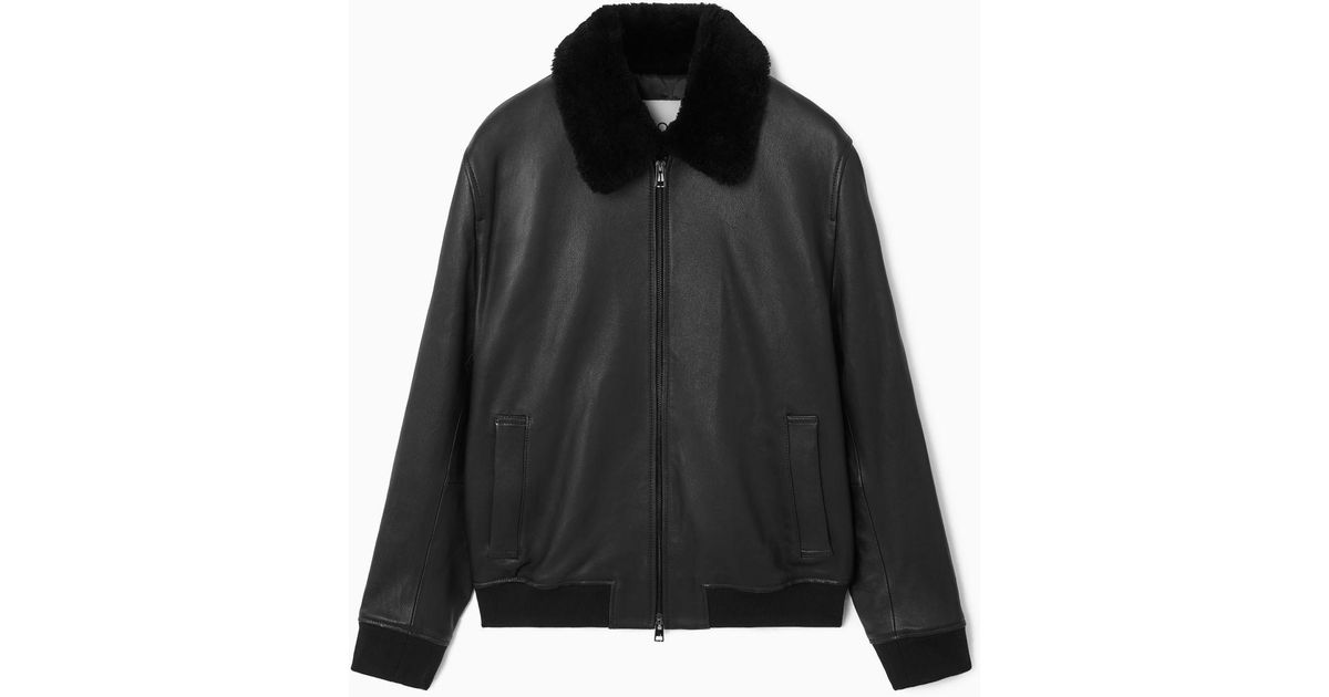 COS Shearling-trimmed Leather Bomber Jacket in Black for Men | Lyst